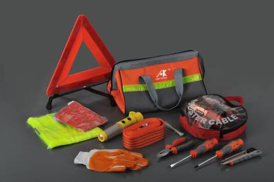 China 13 pcs auto emergency kit ,with booster cable,trailer rope,reflective vest ,gloves for sale