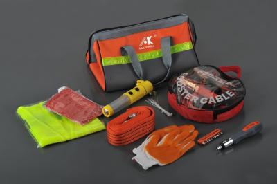 China 19 pcs auto emergency kit ,with booster cable ,trailer rope ,raincoat ,hammer ,gloves for sale