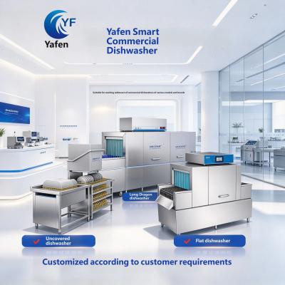 China Yafen manufactures various models of commercial dishwashers. Customization is available according to customer requirements. We have rack conveyor, lay-down, flight conveyor, hood type and undercounter for sale