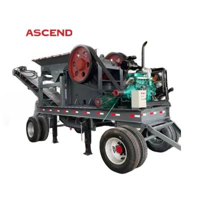 China 50 100 T/h capaciteit Dieselmotor Mobiele kaakbreker met wielen en aanhangwagen voor productielijnen voor het verwerken van zandsteen Te koop