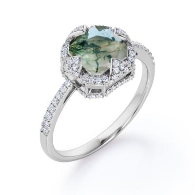 China O conjunto Asscher da moldura do halo cortou a ágata leitosa opaca de Moss Green e Moissanite pavimenta o anel de noivado à venda