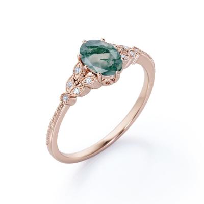 China anel de noivado natural Ovate filigrana do dente do conjunto 6 de Milgrain Druzy Moss Green Agate And Moissanite da Marquise-forma à venda