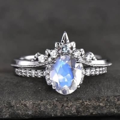 China O ouro branco Moonstone oval Art Deco Unique Engagement Ring ajustou 925 Sterling Silver à venda