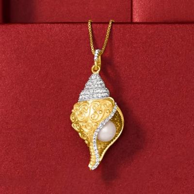 China 6mm Cultured Pearl White Topaz Seashell Pendant Necklace in 18kt Gold Over Sterling for sale