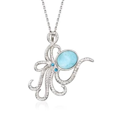 China Larimar Octopus Pendant Necklace In Sterling Silver With CZ Accents for sale