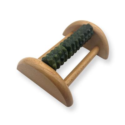 China Customizable Beech Wood Bracket Jade Foot Massager 14*12.8*5.2cm Xiuyan Jade Massage Roller Portable Sole Massage Tool for sale