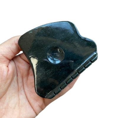 China Facial Sculpting Dark Green Nephrite Jade Gua Sha Stones with Ridge Teeth and Thumb Loops 2021 Popular for sale