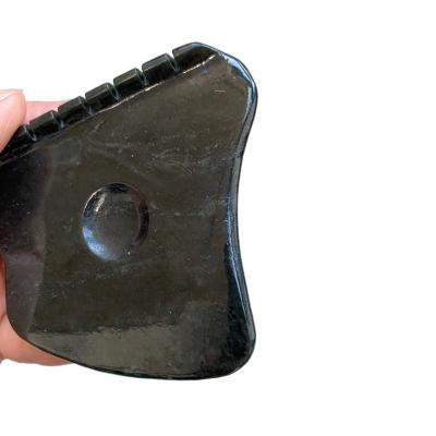 China Facial Sculpting Dark Green Nephrite Jade Gua Sha Stones with Ridge Teeth and Thumb Loops 2021 Popular for sale