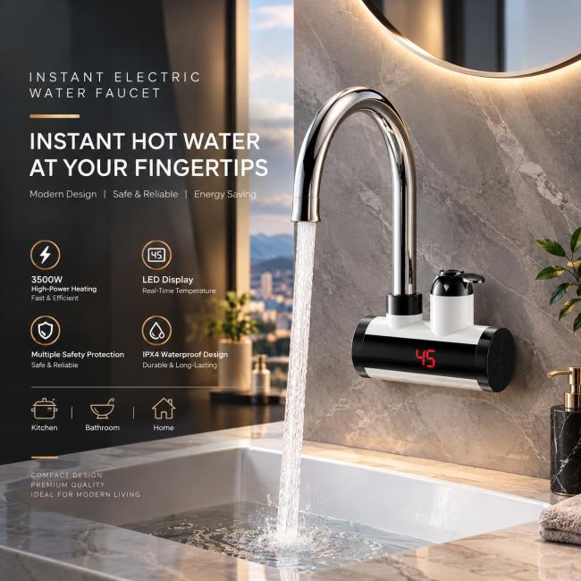 LED Digital Display Instantaneous Hot Water Electric Heating Tap - Front View
