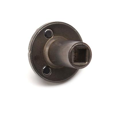 China CNC Machined Steel Flange Coupling Component – Round Base with Locating Dowel Pins and Centered Square Socket for Shaft Interface or Torque Transfer for sale