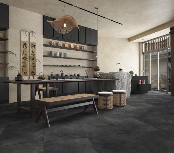 Quality Charcoal Black Micro-Cement Matte Porcelain Tile with P3 Rated Anti-Slip and Low Absorption in 600x600 / 600x1200mm Sizes for sale