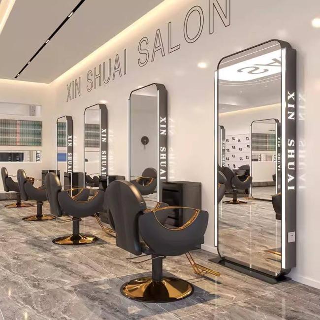 Modern LED Hair Salon Mirror Floor Stand Double Sided Barber Station ...