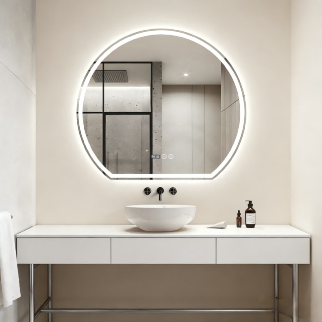 Smart Modern LED Glass Bathroom Mirror Anti-Fog Round with One-Click ...