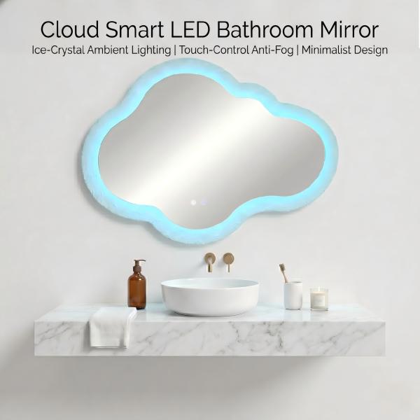 Quality Kingstin Cloud Smart LED Bathroom Mirror, Dimmable 3-Color Light, Anti-Fog Touch Control, Acrylic Frame Aesthetic Vanity Mirror for sale