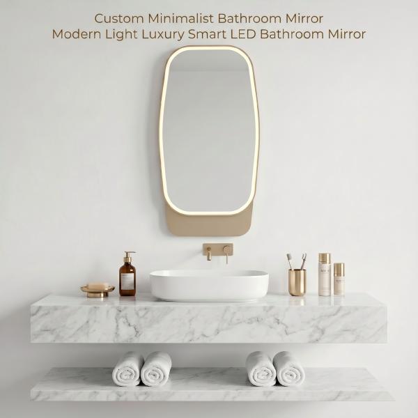 Quality Kingstin Custom Smart LED Bathroom Mirror with Storage, Anti-Fog, Dimmable, Time Display, Gold Aluminum Frame for sale