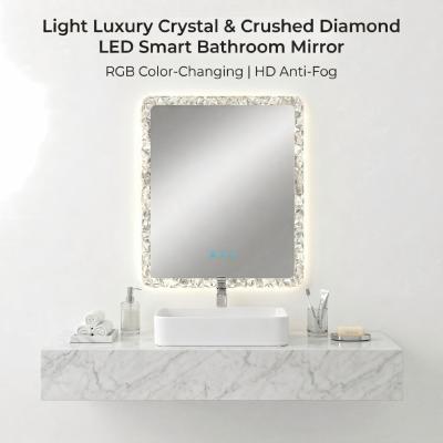 China Kingstin Luxury Crystal LED Smart Mirror RGB Light Wall Mounted Bathroom Vanity Mirror Custom Size for sale