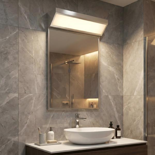 Quality Kingstin Luxury Stainless Steel Frame LED Bathroom Mirror with Overhead Vanity Light, Copper-Free HD Silver Mirror for sale