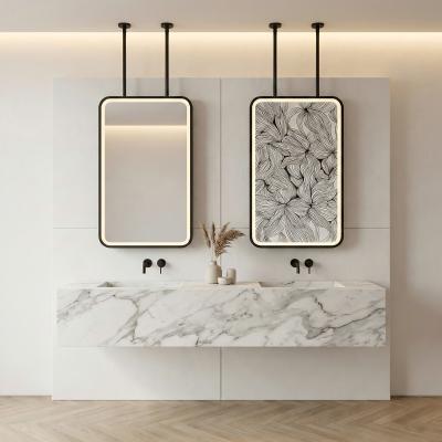 China Kingstin Modern Ceiling Hanging Mirror with LED Light, Rectangular Drop Vanity Mirror with Decorative Art Back, for sale