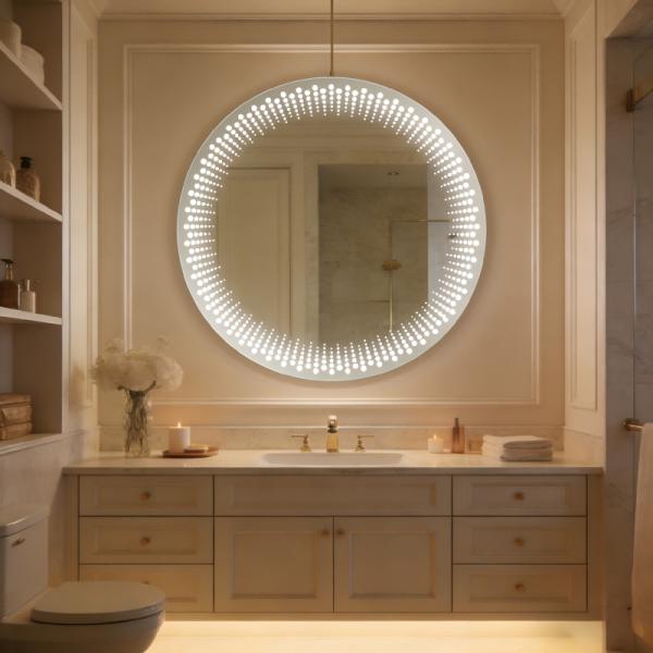 Quality Kingstin Frameless Round LED Bathroom Mirror Smart Touch Control Dimmable Anti-Fog for Hotel Home Decor for sale
