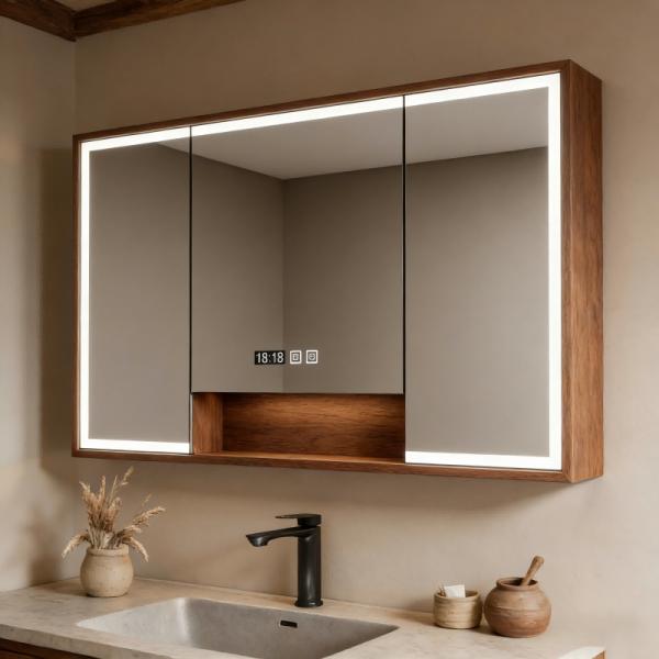 Quality Kingstin Wood Grain Stainless Steel LED Bathroom Mirror Cabinet with Open Storage Shelf & Touch Control Light for sale