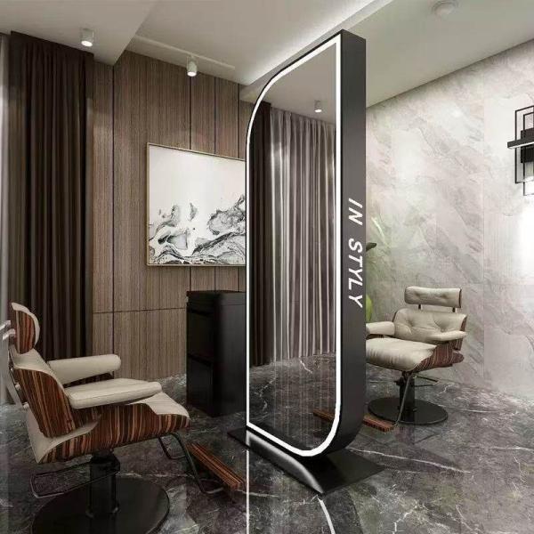 Quality Kingstin LED Floor Standing Blade-shaped Mirror with Light Gold Black Arched Styling Unit for Hairdresser for sale