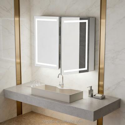 China Kingstin Double Door LED Lighted Bathroom Mirror Cabinet with Storage Shelves Anti-Fog Illuminated Mirror for Vanity Setup for sale