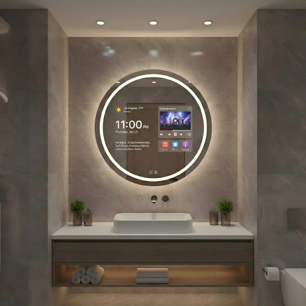 Quality Kingstin Smart Series: Frameless Round Smart Mirror with Integrated Android System & Anti-Fog Technology for sale