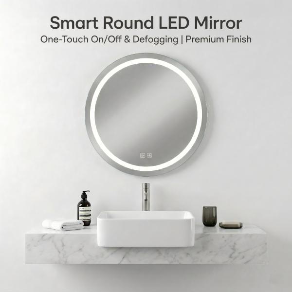 Quality Kingstin Smart Round LED Bathroom Mirror, Frameless Vanity Mirror, 3-Color Light, Anti-Fog, Custom Size, Bluetooth for sale