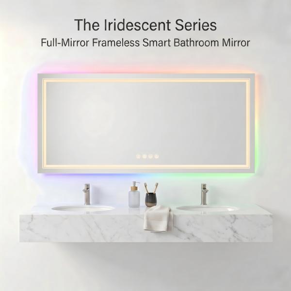 Quality Kingstin RGB LED Smart Bathroom Mirror Frameless Iridescent Backlit Anti-Fog Bluetooth Time Date Mirror Modern Decor for sale
