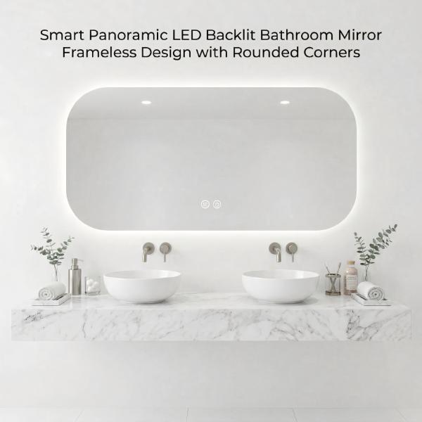 Quality Kingstin Panoramic Frameless Smart LED Bathroom Mirror - Rounded Backlit Vanity Mirror with Defogger & Time Display for sale
