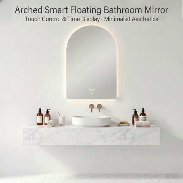 Quality Kingstin Arched LED Bathroom Mirror Frameless Smart Wall Mirror with 3 Colors, Anti-Fog, Time Display, Dimmable for sale