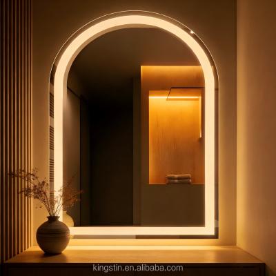 China Customized High-quality Hotel Arched Bathroom Wall Mounted Intelligent Defogging Mirror LED Backlit Decorative Shower Mirror for sale