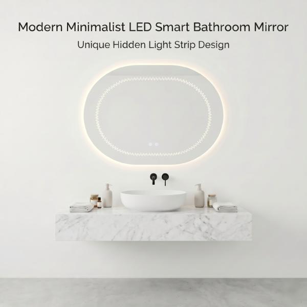 Quality Kingstin Invisible LED Strip Bathroom Mirror, Smart Touch Oval Frameless Mirror, 3000K-6000K Dimmable Vanity Mirror for sale