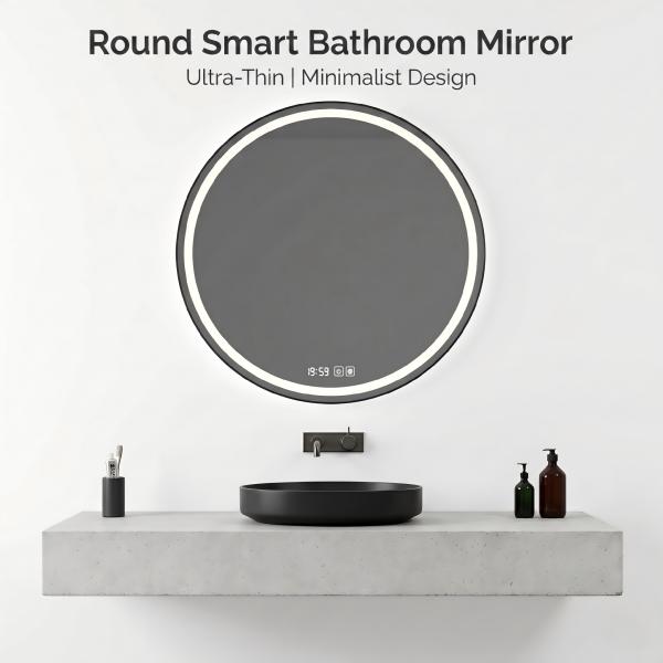 Quality Kingstin Round Smart LED Mirror, Ultra-Thin Aluminum Frame, Anti-Fog Vanity Mirror with Bluetooth, Time, 3-Color Dimmable for sale