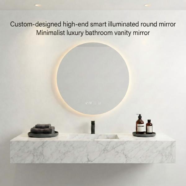 Quality Kingstin Round Frameless LED Bathroom Mirror Backlit Anti-Fog Vanity Mirror with 3-Color Light Time Display Touch Control for sale