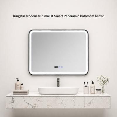 China Kingstin Smart LED Bathroom Mirror with Time Date Display, Anti-Fog Backlit Vanity Mirror, Aluminum Frame, Bluetooth Android for sale