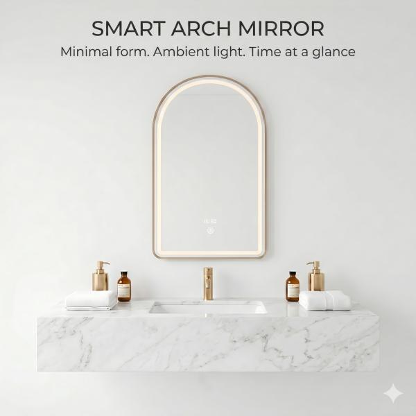 Quality Kingstin Arch Smart LED Bathroom Vanity Mirror with Time Display 3 Colors Dimmable Aluminum Gold Frame Backlit Wall Mounted for sale