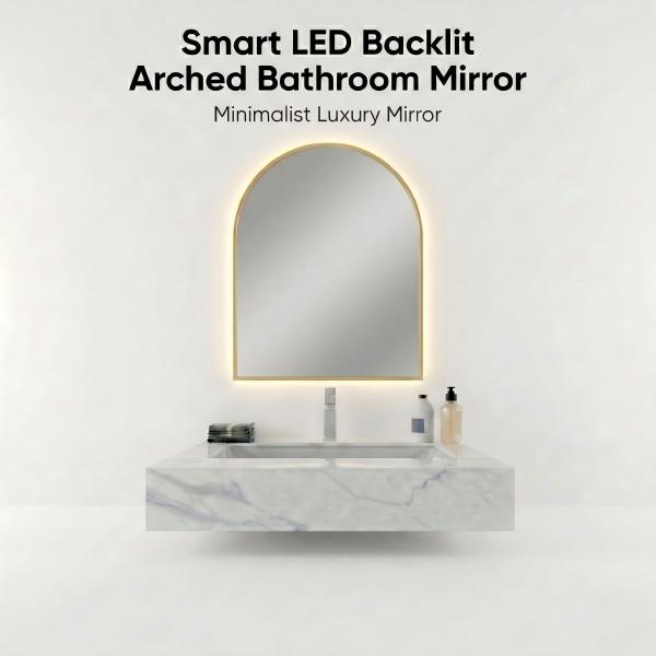 Quality Kingstin Arched LED Backlit Mirror Modern Minimalist Wall Vanity Mirror Stainless Steel Frame Luxury Bathroom Smart Mirror for sale