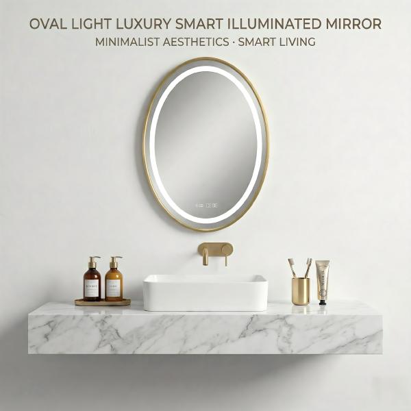 Quality Kingstin Custom Oval LED Bathroom Mirror Stainless Steel Frame Anti-Fog Dimmable Bluetooth Smart Wall Mirror for Washroom for sale