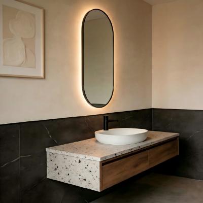China Kingstin Custom Oval LED Mirror Black Metal Frame Wall Backlit Mirror Smart Defog Motion Sensor for Bathroom Bedroom for sale