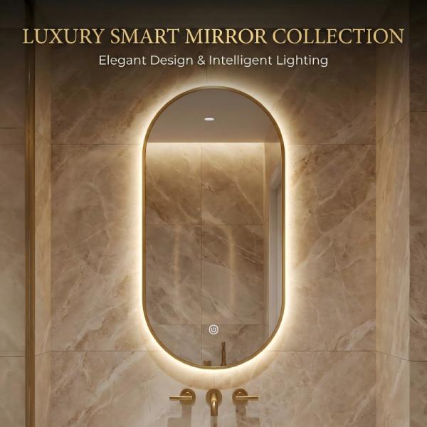 Quality Kingstin Modern Oval Smart LED Mirror Bathroom Backlit Wall Mirror Gold Metal Frame Anti-Fog Makeup Mirror for sale