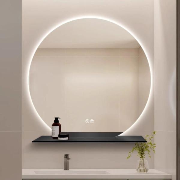 Quality Modern Round LED Bathroom Mirror Storage Shelf Integrated Touch Switch IP44 Rated for Hotels Apartments Compact Toilets Vanities for sale