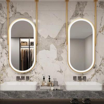 China Hotel-Grade Oval Double Rod Suspended Stainless Steel Frame Bathroom Ceiling Mirror Rectangle IP44 Modern Touch Switch for Villa for sale
