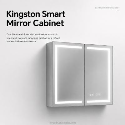 China Kingstin Custom LED Bathroom Mirror Cabinet Aluminum Smart Medicine Cabinet with Defogger Clock Touch Light for sale