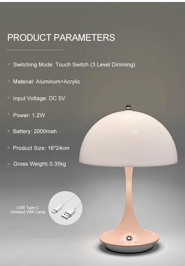 Close-up of LED table lamp showing Type-C charging port