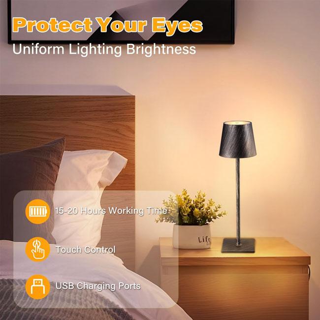 LED desk lamp in bedroom setting with cool white light