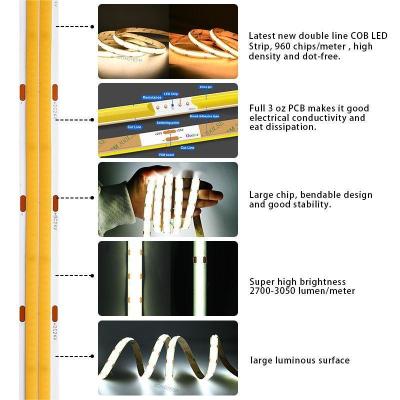 Cina 10m/roll doppie linee 600 led 12v 24v Ra80 12mm COB flessibile LED Flessibile Strip Light in vendita