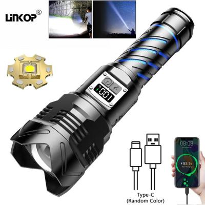 China Brightest Rechargeable LED Flashlight IP65 Waterproof Aluminum Alloy Zoom Digital Display for sale