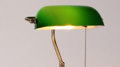 China European Antique Bank Table Lamp Green Glass Brass Metal Bank Table Lamp for sale