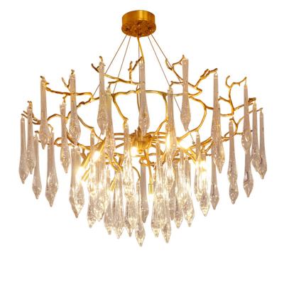 China Post modern antique brass ceiling pendant lights large copper k9 crystal hanging lighting waterdrop hotel chandelier light for sale